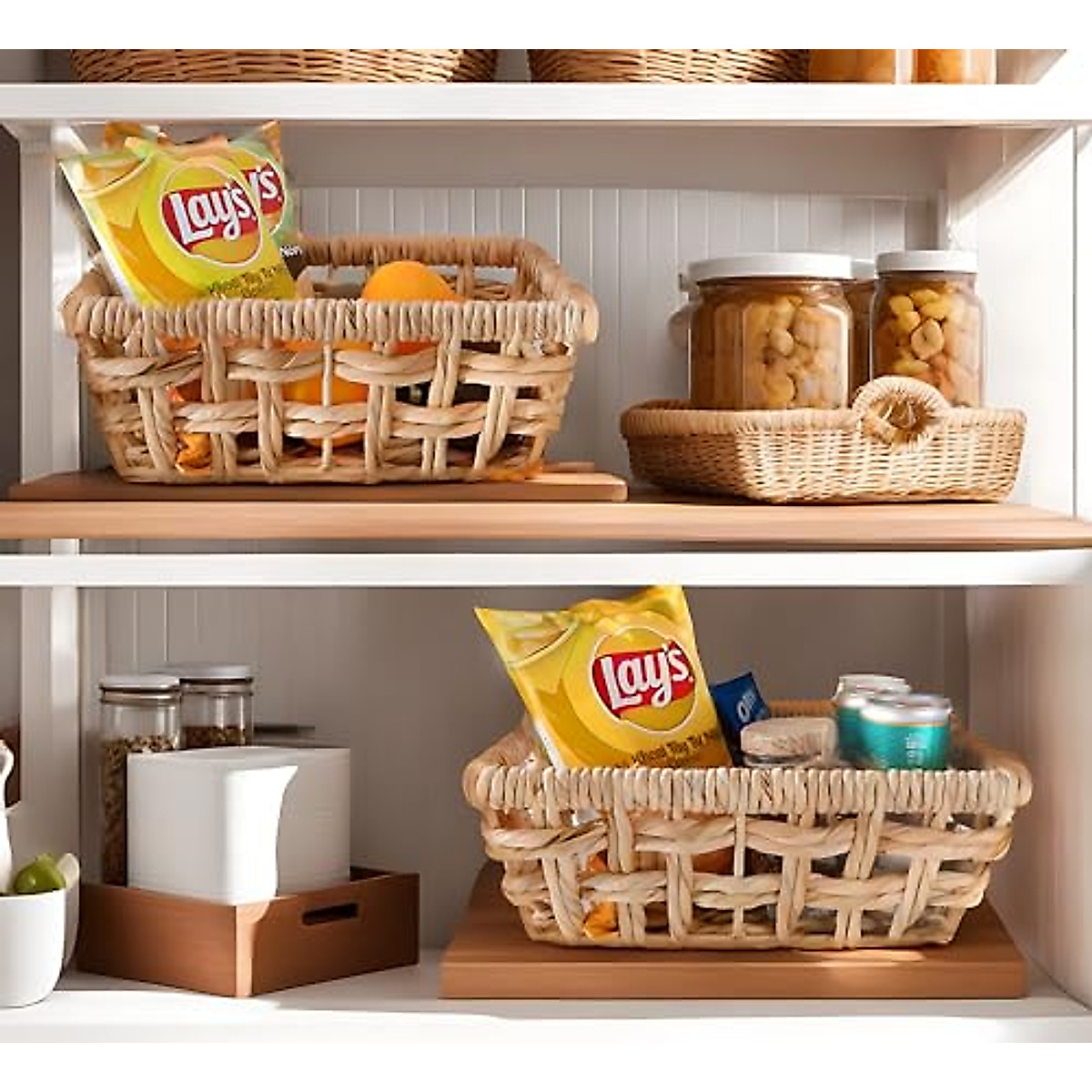 CHI AN HOME Wicker Baskets for Gifts, Set of 2 Hyacinth Shelf Baskets 14 x 11 x 5, Open Weave Baskets for Storage, Wicker Shelf Baskets, Open Weave Woven Snack Baskets for Pantry, Cabinet