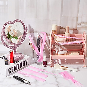 CHENGU Heart Shaped Mirror 8 Pieces Hair Styling Combs Double Sided Rotatable Dresser Heart Mirror Makeup Gifts for Girls Gift Vanity Tabletop(Pink)