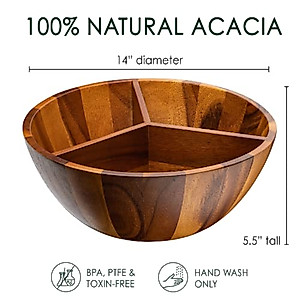 EVERGRO SEQUOIA & CO Wooden Bowl Triple Divided Salad Bowl - 14" Large Acacia Wood Serving Bowl for Food, Fruit, Popcorn - Round Hardwood Divided Bowls for Rustic, Modern Home & Kitchen Counter Décor