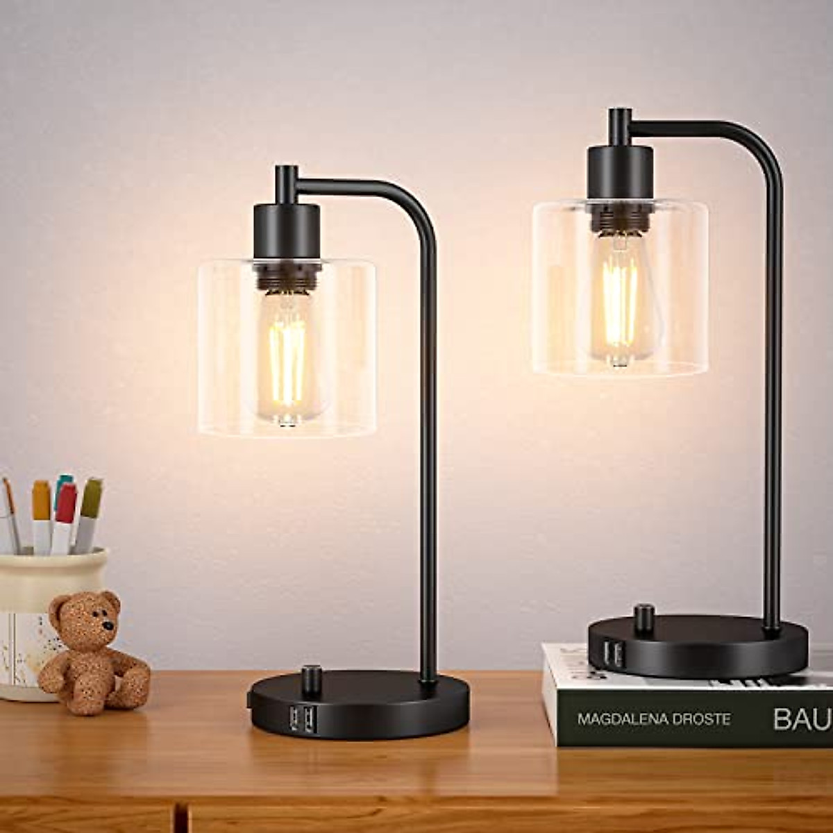 yotutun - Set of 2 Industrial Table Lamps with 2 USB Port, Black Bedside Lamps, Fully Dimmable Nightstand Desk Lamp for Reading Bedroom Living Room, Glass Shade & 2 LED Bulbs Included