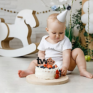 Cookie Two Cake Topper, Happy 2nd Birthday Cake Topper, Brown Giltter Cookie Cake Decor for Baby Shower, Two Years Old Birthday/Anniversary Party Decoration Supplies