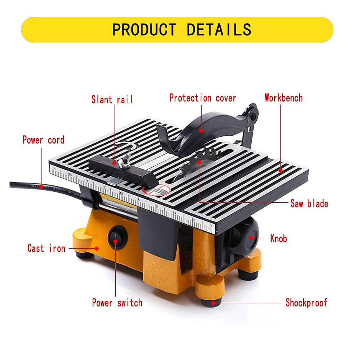 Fullhold 4" Mini Table Saw 60w Hobby Miter Saw For Crafts Model Making To Cut Copper, Aluminum,Stone, Wood, Glass And Plastic（LxWxH :190MM(7.5") x 142MM(5.5“) x 155MM(6")）