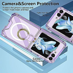 NINKI Compatible Clear Samsung Galaxy Z Flip 5 Case with Ring,Heavy Duty Anti-Fall Silicone Cute Cover Protective Phone Case for Samsung Z Flip 5 Case with Ring,Galaxy Z Flip 5 Case Slim Girls Purple
