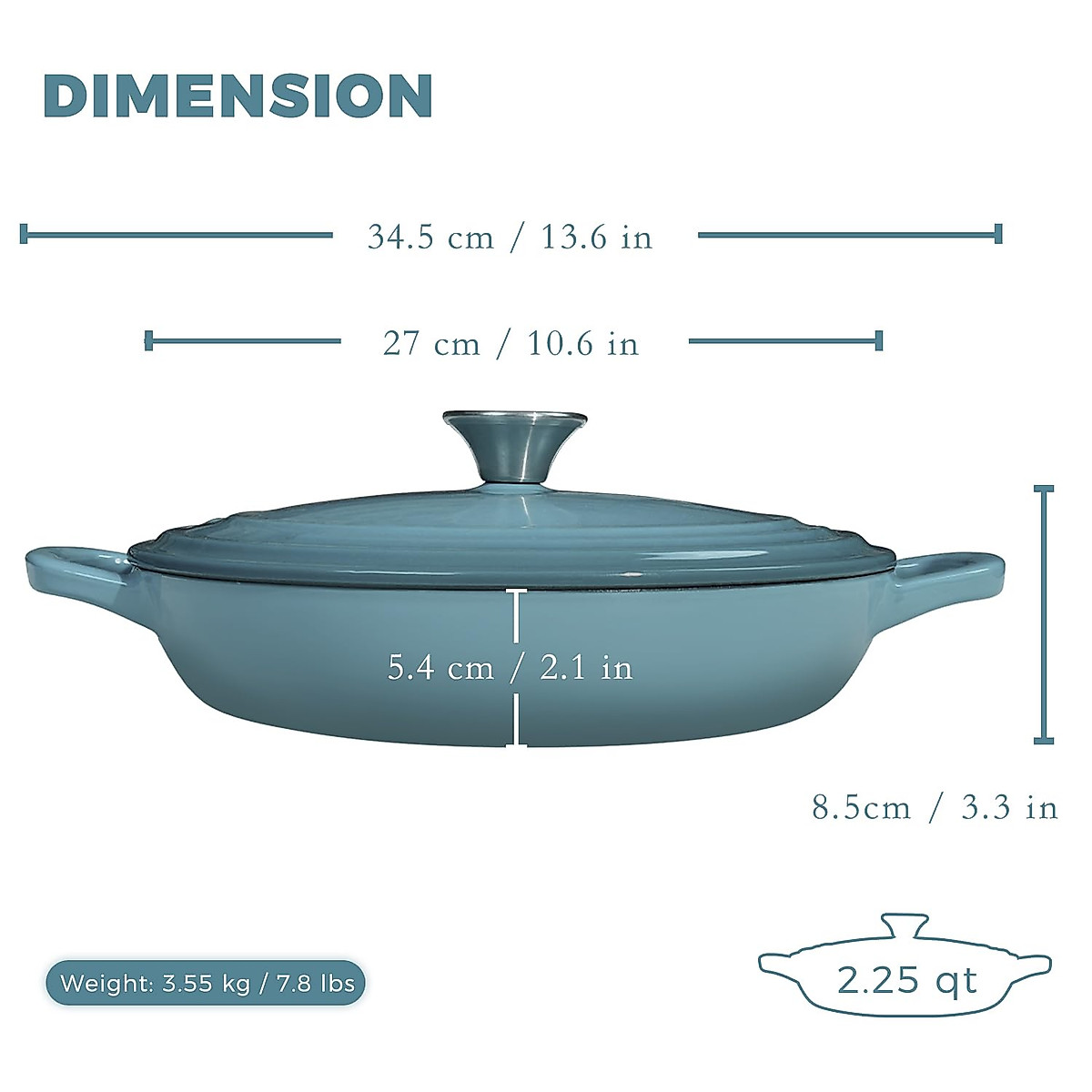 Flavehc Braiser Enameled Cast Iron Braiser 2.25 qt Braiser Pan with Lid Slateblue Shallow Cast Iron Casserole Braiser Pan with Handels