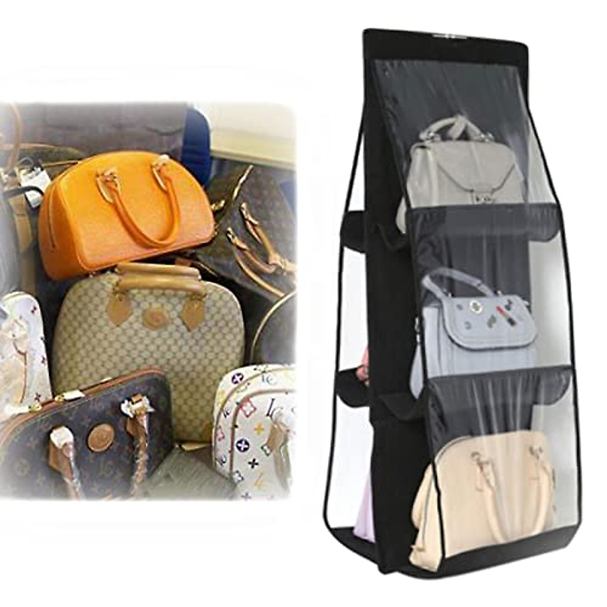 FOTTEPP Double-Sided Six-Layer Hanging Storage Bag, 6 Pocket Hanging Handbag Storage Bag, Double Sided Hanging Storage Bag, Non-Woven Hanging Bag Holding Bag (Black)