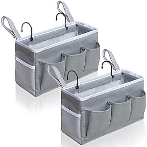 Kanrichu 2pcs Bedside Caddy Storage Organizer, Hanging Bag Holder with Pockets for Bedroom, Loft Bed Tent, Bed Curtain, Top Bunk bed Shelf Accessories (Gray)