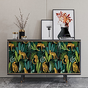CHIHUT Leopard King Peel and Stick Wallpaper Self Adhesive Removable Jungle Animal Wallpaper Tropical Green Leaf Contact Paper Waterproof Wall Paper Decorative Vinyl Roll for Walls Cabinets 17.7”x100”