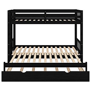 Extendable Bunk Bed with Trundle, Twin Over Double Twin Bunk Bed Frame, Upgraded Version Wooden Bunk Bed with Trundle, Pull-Out Bunk Bed Frame Can Be Extendable, No Spring Box Needed, Espresso