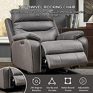 LAVHOME Electric Dual Motor Rocker Recliner USB Ports, 240 Degree Swivel Adjustable Rocking Chair with Power Headrest, Single Sofa Seat with Footrest for Living Room, XL, Gray