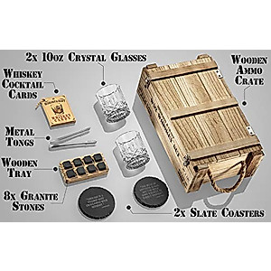 Whiskey Stones Gift Set for Men | Whiskey Glass and Stones Set with Wooden Army Crate, 8 Granite Whiskey Rocks Chilling Stones and 10oz Whiskey Glasses | Whiskey Gift for Men, Dad, Husband, Boyfriend