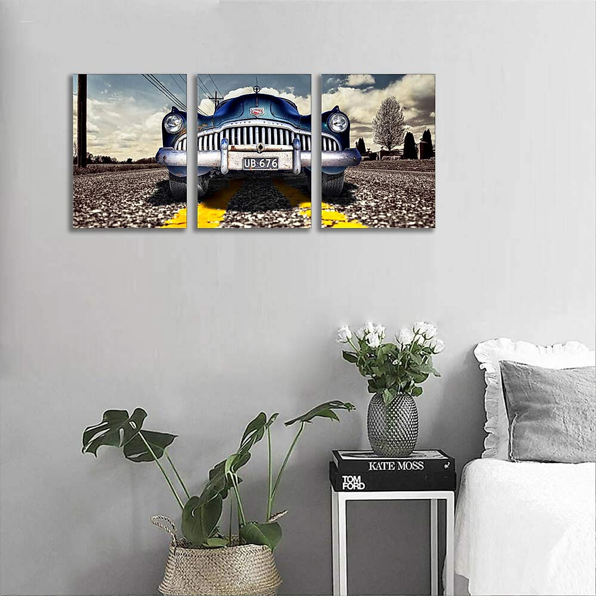 USIXA Car Wall Art for Living Room Old Vehicle on Brown Road Wall Decor Painting Blue Car in Wild Picture for Home Decor Prints Canvas with Frame Ready Hang White Cloud Sky Landscape Poster 12''X16''