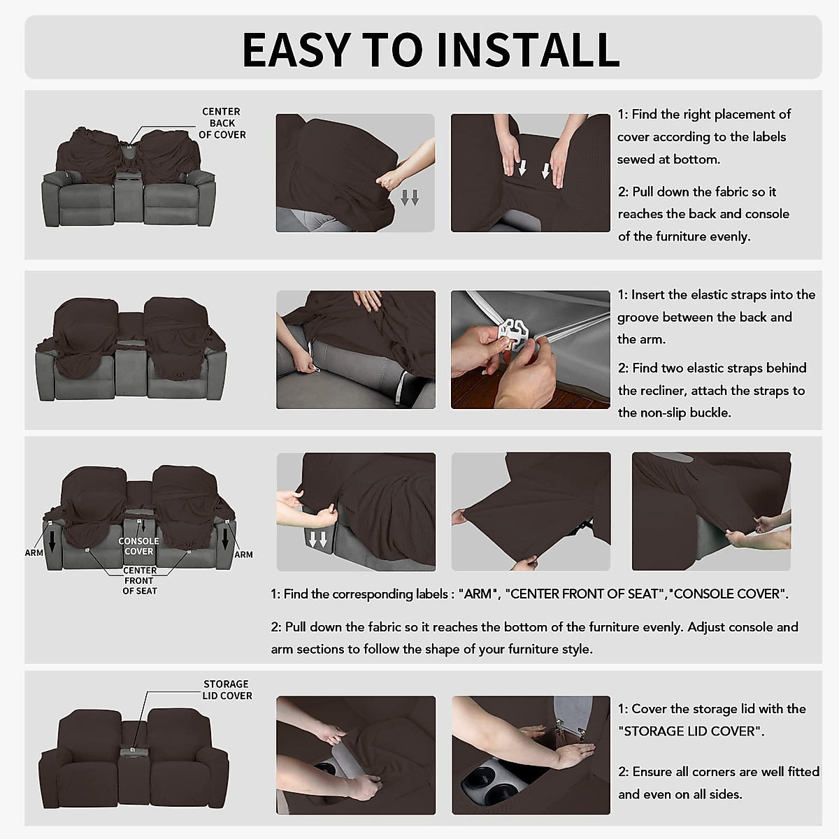 Easy-Going 1 Piece Stretch Reclining Loveseat with Middle Console Slipcover, 2 Seater Loveseat Recliner Cover with Holder and Storage, Recliner Couch Sofa Cover, Furniture Protector Chocolate