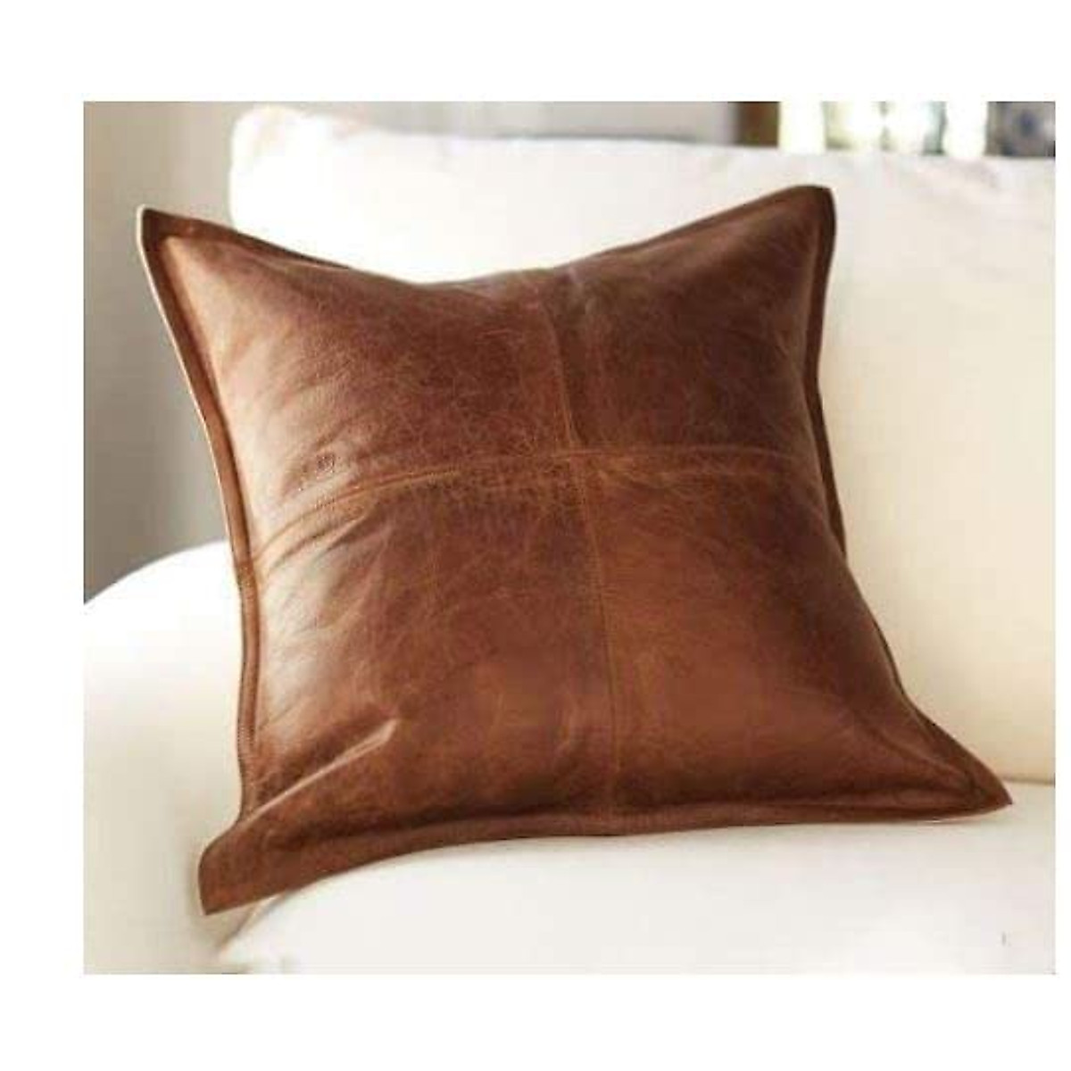 QAWACH Lambskin Leather Pillow Cover - Sofa Cushion Case - Decorative Throw Covers for Living Room & Bedroom, 16 x 16 Inches - Tan Antique Box Pack of 2
