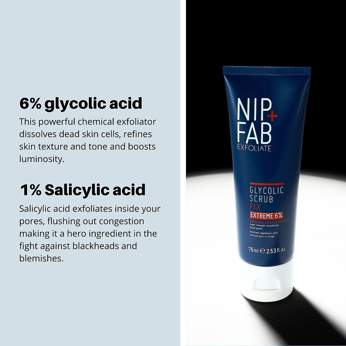 Nip + Fab Glycolic Acid Fix Face Scrub Extreme with Salicylic Acid, Aloe Vera AHA/BHA Exfoliating Facial Cleanser Polish for Refining Pores Skin Brightening, 75 ml 2.5 fl oz