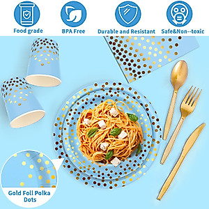 Blue Gold Party Supplies Foil Polka Dots Disposable Tableware Set Serves 24 Guests Star Foil Balloons Tablecloths Pennant Banners Plates for Birthday Wedding Baby Shower Party Graduation Decorations