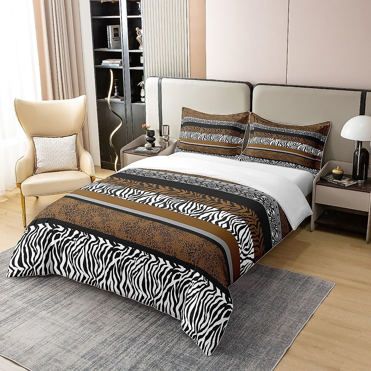 Zebra Texture 100% Natural Cotton Duvet Cover Full Dark Leopard Bedding Set for Kids Youth Adults Rustic Paisley Comforter Cover Bohemian Exotic Brown Bed Sets with 2 Pillowcases Soft