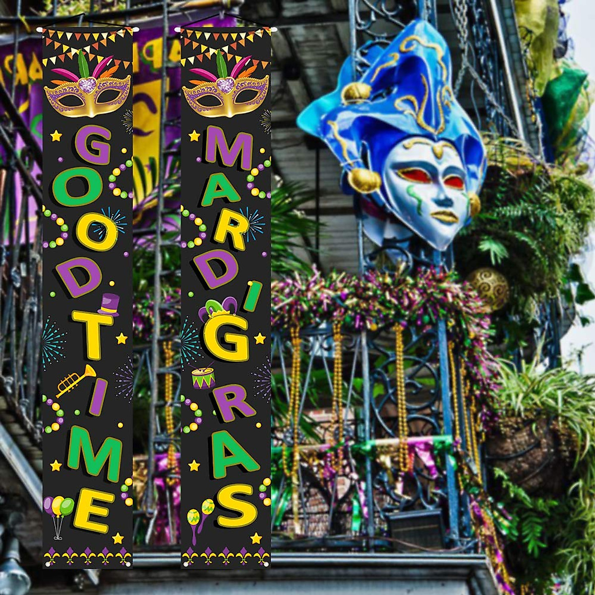 Mardi Gras Porch Sign, Mardi Gras and Good Time Roll Welcome Sign Hanging Banner for Indoor Outdoor Masquerade Party Supplies
