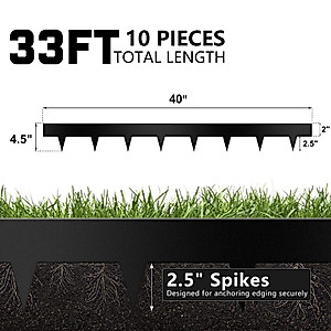 Worth Garden 10-Pack Galvanized Steel Landscape Lawn Edging - 4.5in H Black Powder Coated Bendable Metal Strips - Hammer-in Edging Border w/ 11 Clips - Yard Pathway Divider (33Ft Total)