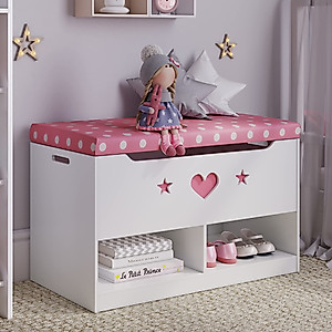 Sturdis Kids Toy Box – Pink & White with Cushion Storage Bench Seat, Toy Storage Chest And Cubby Space For Shoes And Books Organizers
