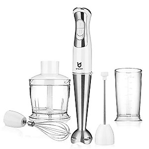 Immersion Hand Blender, UTALENT 5-in-1 8-Speed Stick Blender with 500ml Food Grinder, BPA-Free, 600ml Container,Milk Frother,Egg Whisk ,Puree Infant Food, Smoothies, Sauces and Soups - White