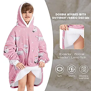 Zando Pink Blanket Hoodie Cat Blanket Kids Oversized Wearable Blanket Hoodies Cozy Warm Hooded Blanket for Boys Girls Sherpa Blanket Hoodie with Pocket Thick Fleece Sweater Blanket Gift for Teens