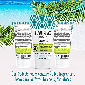 Two Peas Organics - All Natural Organic SPF 30 Sunscreen Lotion - Coral Reef Safe - Baby, Kid & Family Friendly - Chemical Free Mineral Based Formula - Waterproof & Unscented - 3oz (1 Pack)