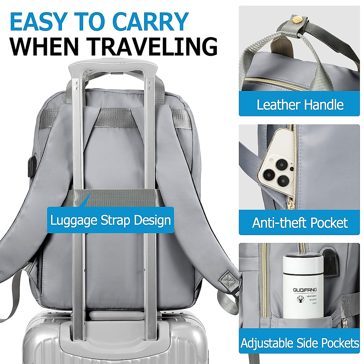 Travel Backpack for Women, 17.3 Inch Quilted School Laptop Bag, Large Back Pack Purse with USB Port, Work Business Teacher Computer Bag College Bookbags Casual Daypacks, Gray