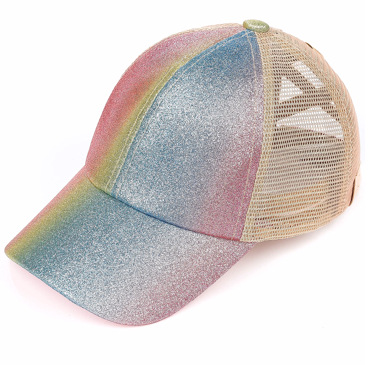 Funky Junque Kids Criss Cross Messy Bun Ponytail Hat - Pink Multi Ombre Glitter w/mesh