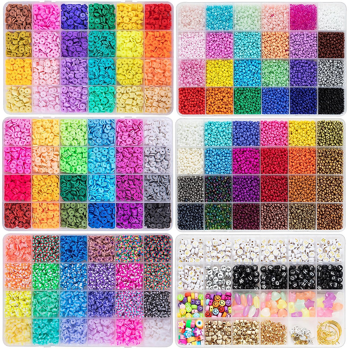 TINY FUN 6 Boxes 16800pcs 72 Colors Clay Beads and 48 Colors Glass Seed Beads for Friendship Bracelets Making Kit Heishi Beads with Letters Beads