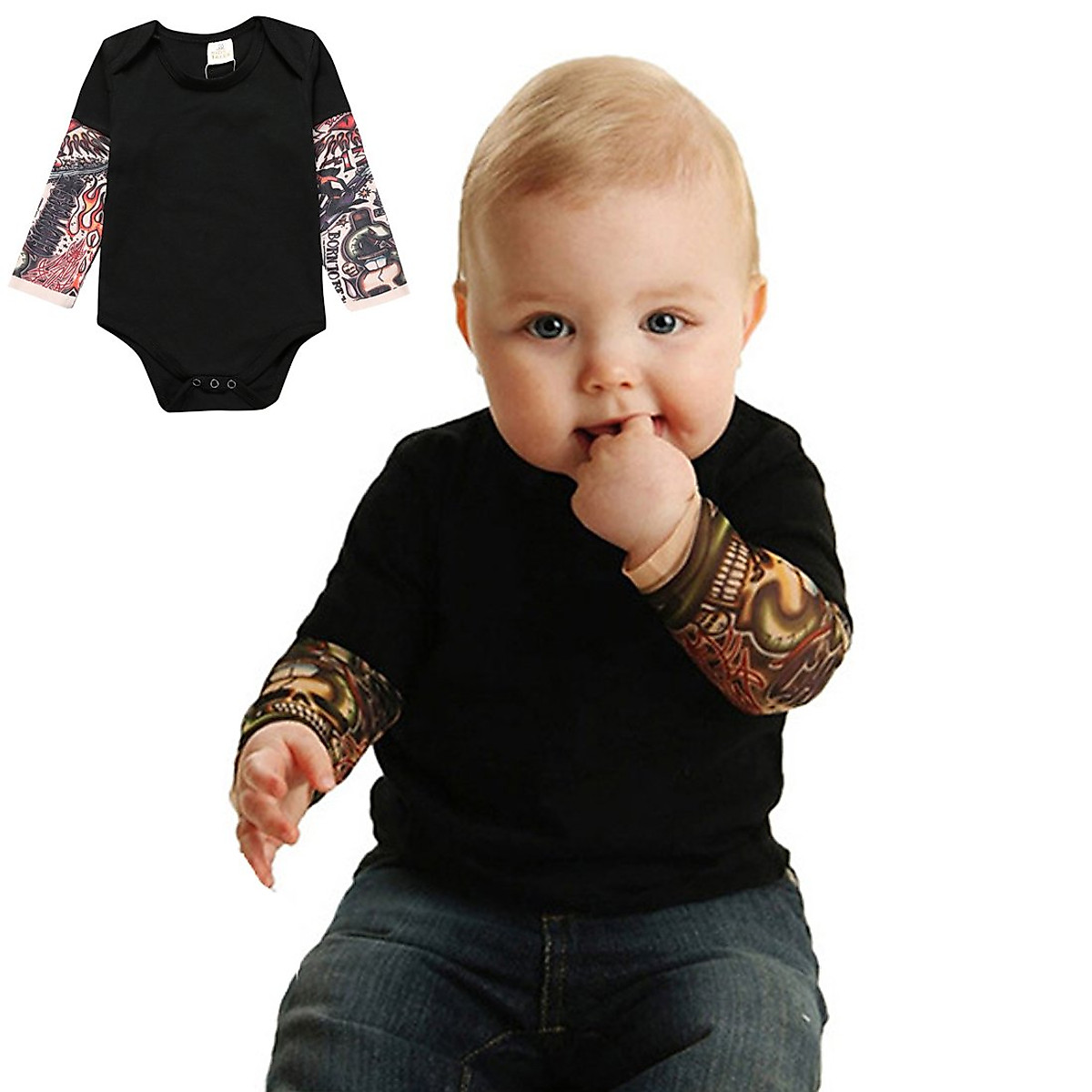 PAUBOLI Baby Fake Tattoo Sleeve T-Shirt Bodysuit Cool Bike Party Custome(12-18 Month, Black)