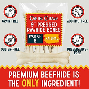 Canine Chews Pressed Rawhide Bones for Large Dogs - 9" Long Lasting Dog Chews - Compressed Beefhide Large Dog Chew Bones - Chew Toy Dog Bones - Raw Hide Bones Dog for Aggressive Chewers (9 inch, 8pk)