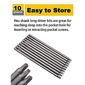 Rocaris 10pcs 1/4 Inch Hex Shank Long Magnetic Square Head Screwdriver Bits Set Power Tools SQ2 For Poket Hole Jig- 6 inch Length