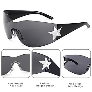 Rimless Y2K Sunglasses for Women Men,Trendy Shield Wrap Around Sunglasses Oversized Fashion Frameless Sun Glasses Eyewear Y2K Shades-Black/Grey