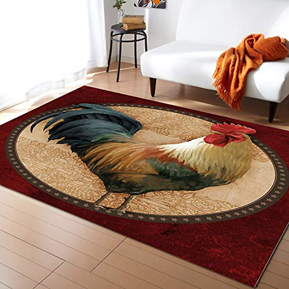 Rustic Rooster Marble Pattern Area Rug for Bed Room, 3' x 5' Indoor Accent Rugs Non-Skid Kitchen Runner, Farmhouse Red Round Bathroom Rugs Modern Floor Mats Washable Throw Carpet