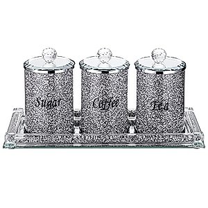 JUXYES Set of 4 Sparky Glass Crushed Diamonds Canisters Set for Sugar Coffee Tea Features Tray, Luxurious Storage Containers Sets with Lids Decorative Storage Pots for Kitchen Counter Dining Room