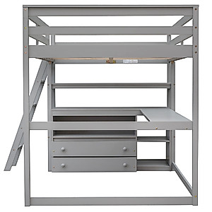 BIADNBZ Full Size Loft Bed with Long Desk, Two Drawers and Shelves Storage, Wooden Versatile LoftBed Frame for Teens Adults Bedroom Apartment, Gray