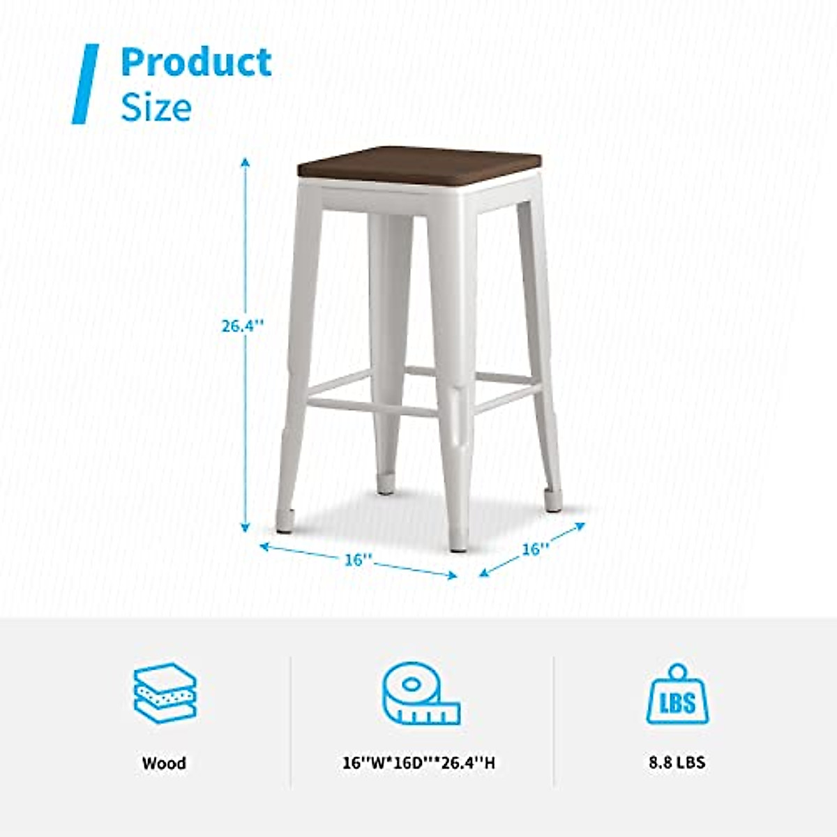 Mjkone 26.4'' Square Metal Bar Stool,Indoor Outdoor Stackable Barstools,Modern Industrial Top Bar Stools Set of 2(White)