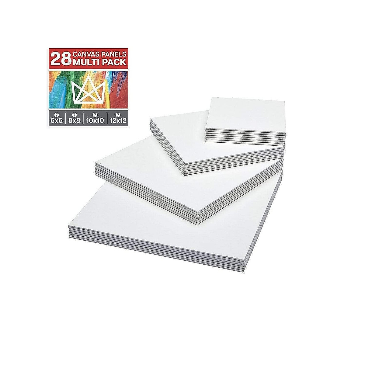 KINGART 830-28 White 28 Pc. Multi-size Value ARTIST CANVAS BOARDS, Gesso Primed - 100% Cotton Square Panels, Art Supplies for Oil and Acrylic Painting, 7 Ea: 6x6, 8x8, 10x10, 12x12 in.