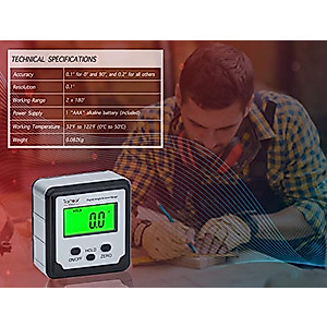 Digital Angle Finder by TickTockTools - Magnetic Mini Level and Bevel Gauge - Woodworking with Table or Miter Saw - Inclinometer - Precise Measurement Tool with LCD and Backlight - 180 Degree Rotation