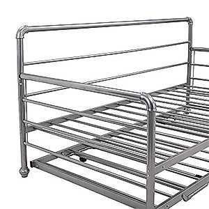 Aoowow Twin Size Metal Daybed with Trundle, Heavy Duty Steel Daybed with Pop Up Trundle Bed,Extendable Daybed Twin to King Size (Silver)