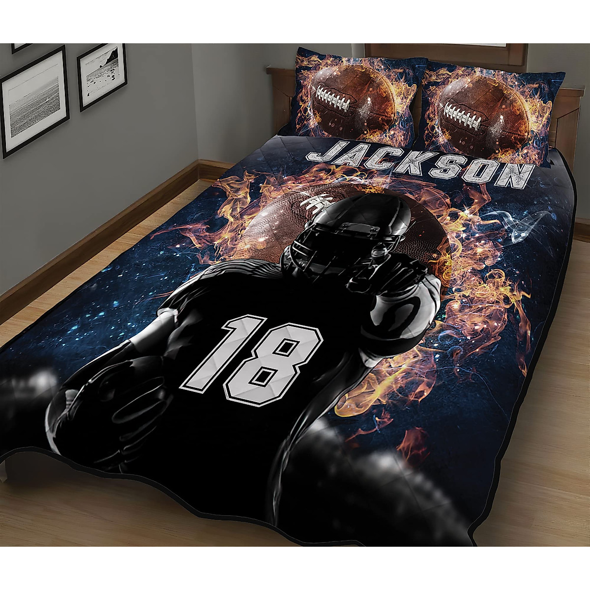 Custom Cool Galaxy Fire Footballer Quilt Set, Boys Comforter Sets Twin Throw Queen King Football, Football King Comforter Set, Football Team Gifts Bedspread Lightweight Soft Bedding for All Season