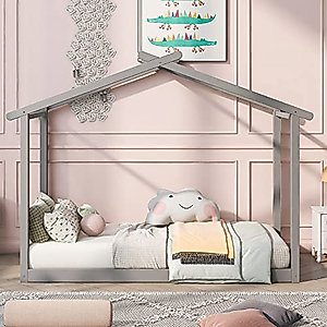 OPTOUGH Wooden Bed Frame, Twin XL/King Size House Platform Bed with Trundle, Roof Design for Adults, Kids, No Spring Box Required, Bedroom Furniture, Gray