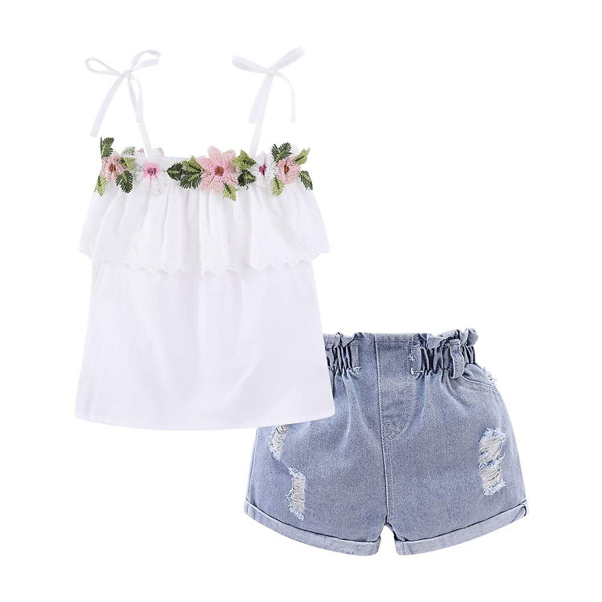 Mud Kingdom Outfits for Toddler Girls White Halter Tops and Shorts Ripped Denim 3T