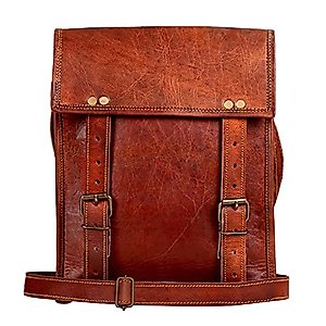 RUSTIC TOWN Leather Satchel iPad Tablet Bag - Leather Saddle Bag Purse - Small iPad (Upto 10.5-inch) Shoulder Bag for Men and Women (11 inches, Brown)