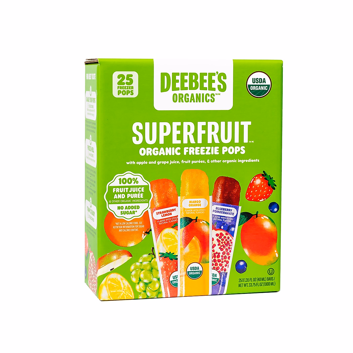 DeeBee's Organics Classic SuperFruit Freezie Pops, No Added Sugars, No Artificial Flavors or Colors Freezer Pops (Pack of 25)