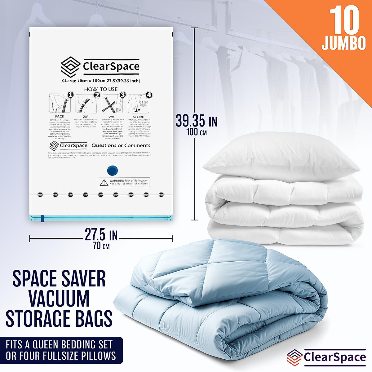 ClearSpace Vacuum Storage Bags, Space Saver Bags – 10 Jumbo Vacuum Seal Bags for Clothing, Blanket Storage, Clothes Storage – Vacuum Sealer Bags, Storage Bags or Travel Bags, Hand Pump Included