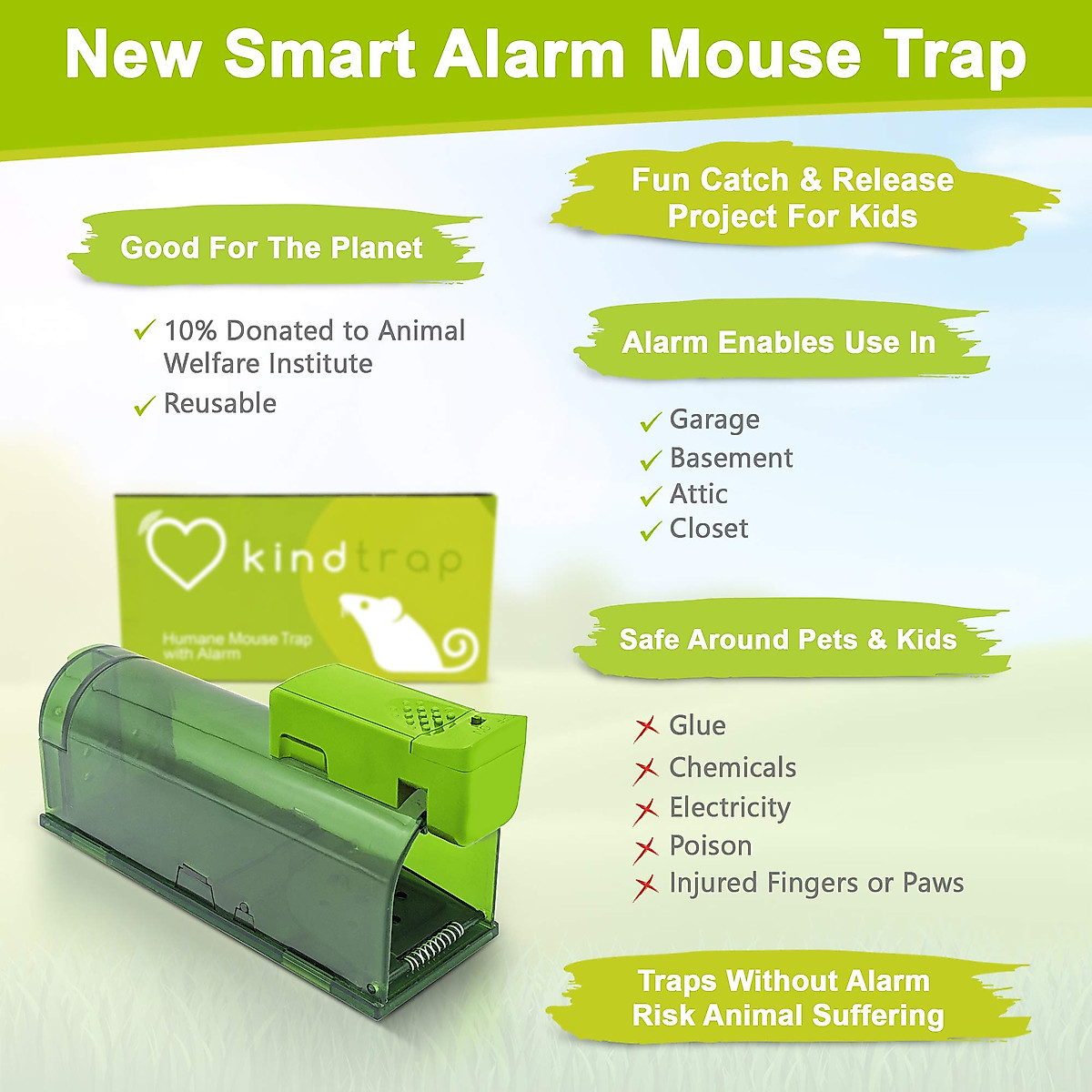 KindTrap - Humane Live Mouse Trap w/Smart Alarm - Audible Alert -Pet Friendly