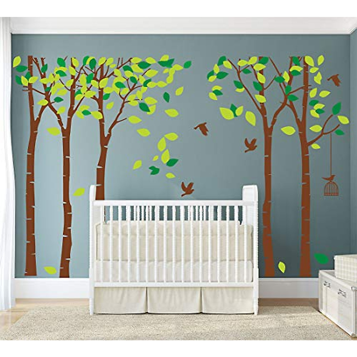 Large Five Family Trees with Birds and Birdcage Jungle Tree Wall Decal Removable Vinyl Sticker Mural Art Baby Girl Nursery Decor Baby Room Decor Kids Room Decor (103.9x70.9) (Brown)