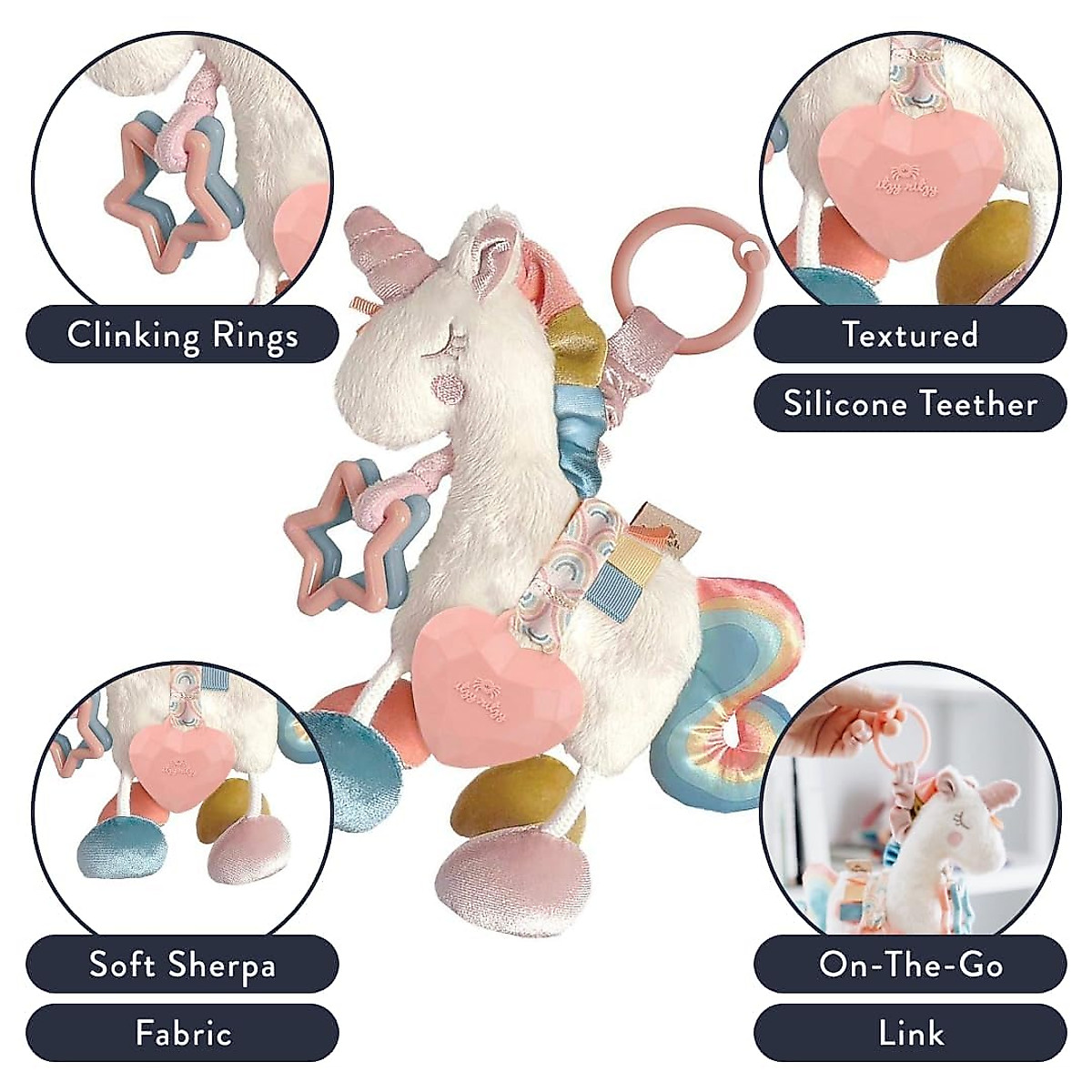 Itzy Ritzy Link & Love Toy for Stroller or Car Seat; Features Textured Ribbons, Crinkle Sounds, Clinking Rings & Silicone Teether; Designed For Ages 0 Months and Up (Unicorn)