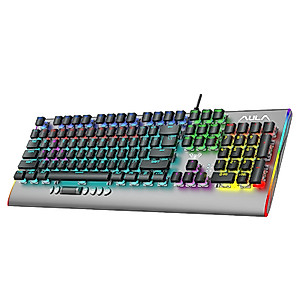 AULA F2099 Low Profile Mechanical Gaming Keyboard, with Blue Switches, Media Knob, RGB Backlight, Ultra-Thin Keycaps, 104-Keys Anti-Ghosting Programmable USB Wired Computer Keyboards